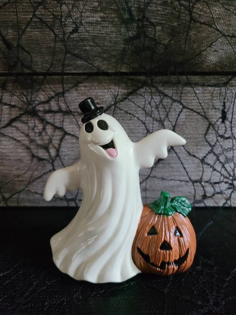 Vintage Halloween Silly Ghost With Pumpkin Cute Ghotsy Making Face ...