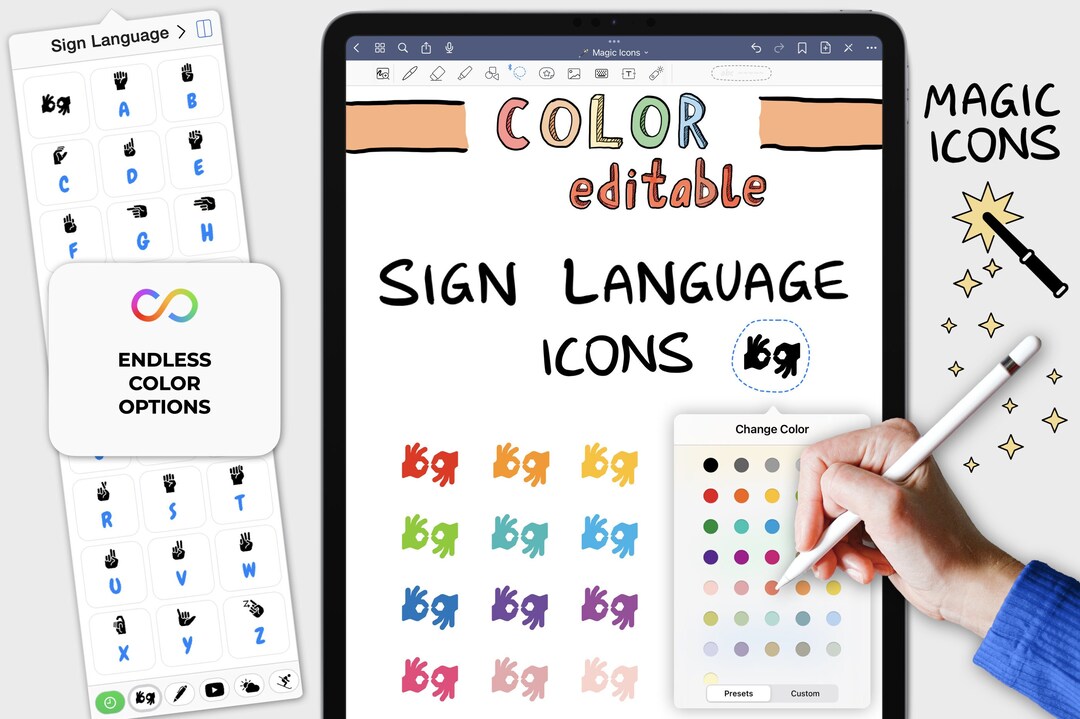 Digital Stickers Goodnotes: MAGIC Sign Language ICONS Color Editable ...