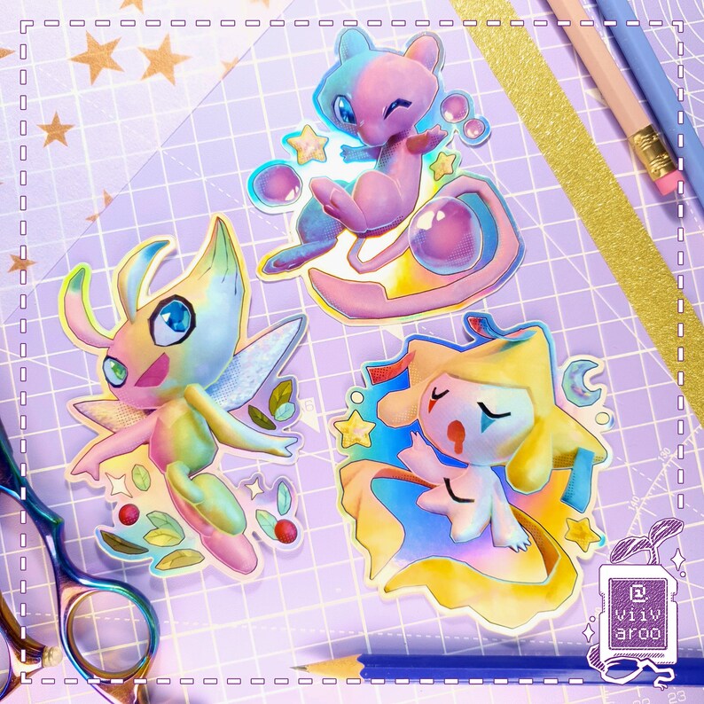 Holographic Pokemon Stickers Split Shiny Pixie Mew Celebi Jirachi - Etsy