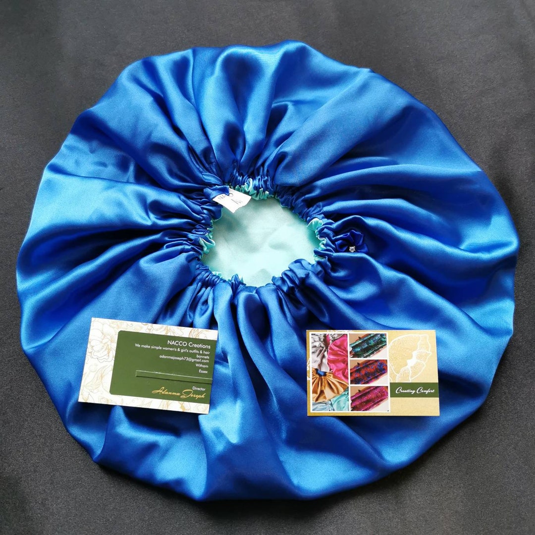 Blue and Green Reversible Satin Hair Bonnet, With Rhinestones Flower ...