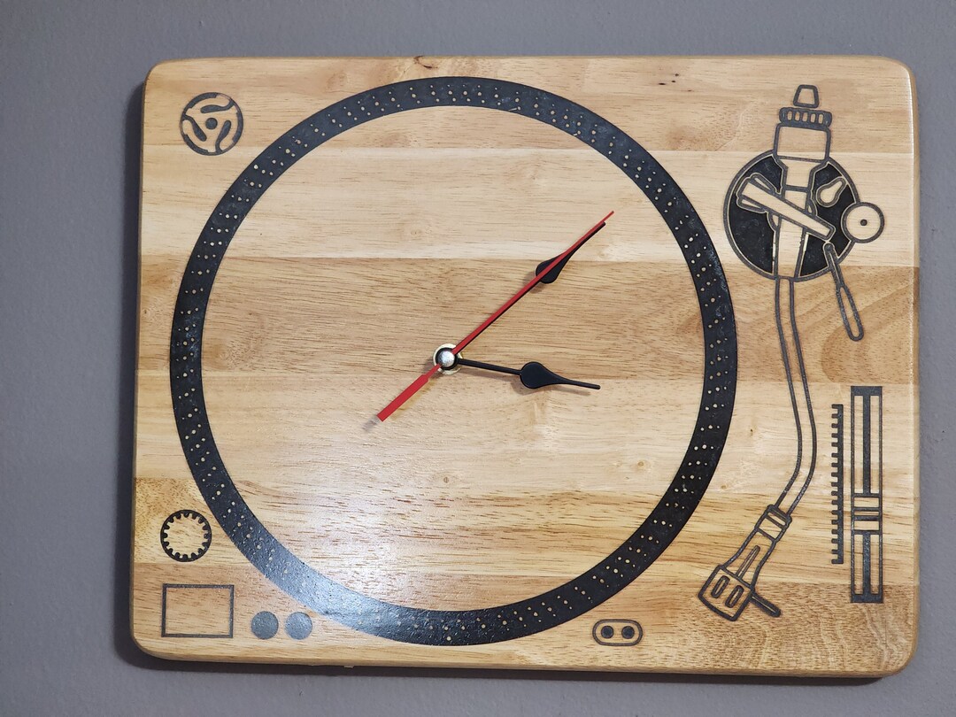 Turntable Clock Wall Art, Wood, Engraved - Etsy