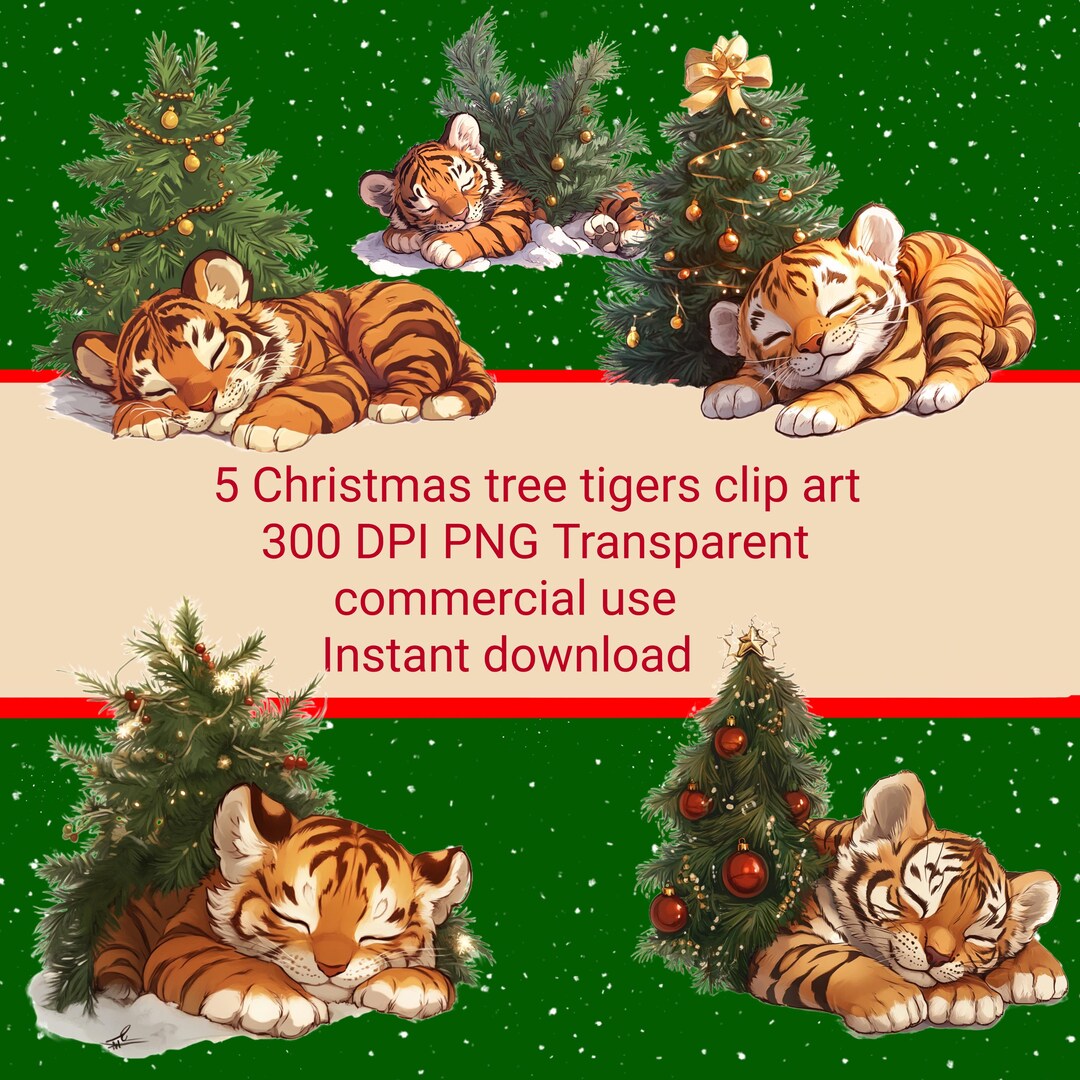 Christmas, Tiger Cub, Christmas Tree, Watercolor, Clipart, 5 Images PNG ...