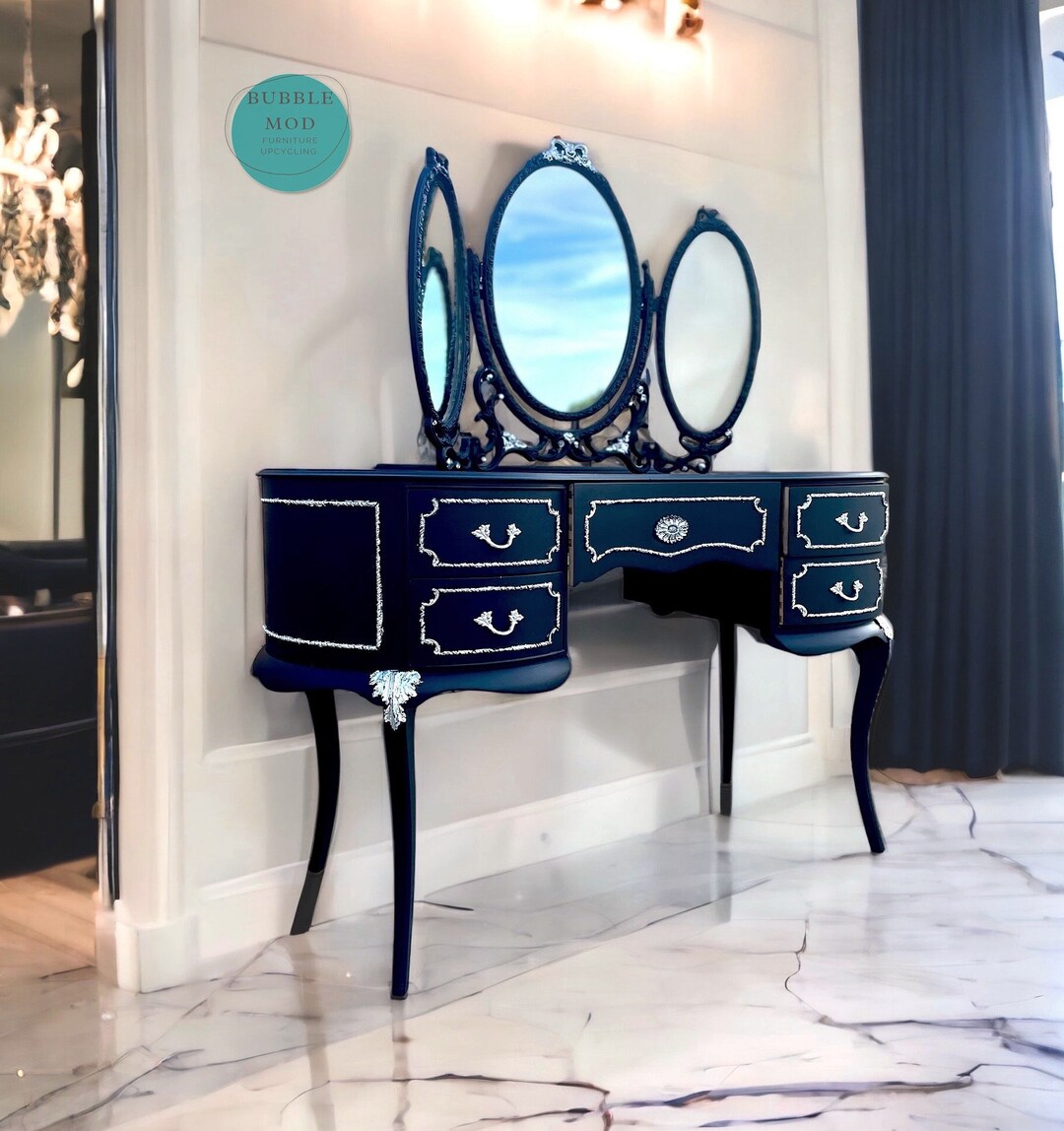 French Louis Style Dressing Table Black and Silver Leaf | French Louis ...