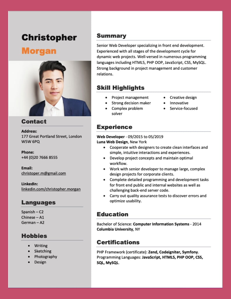 Resume Template Word Resume Templete Web Developer Resume - Etsy