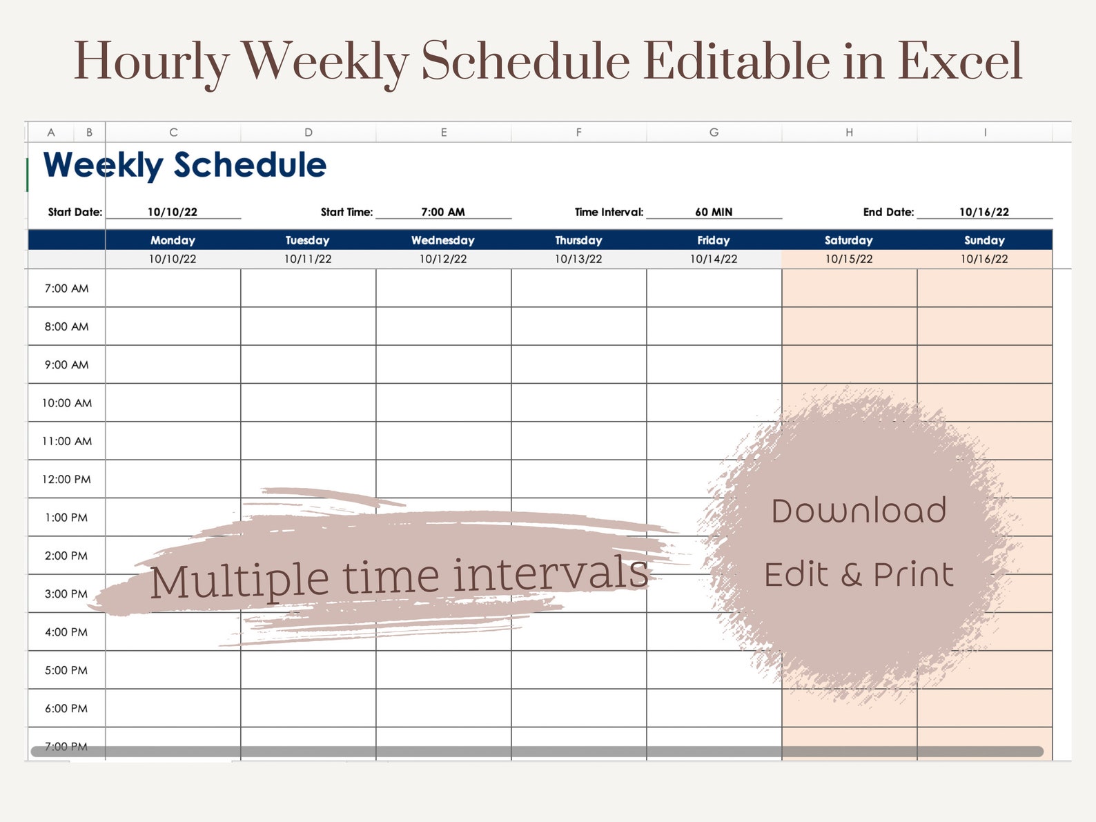 Hourly Weekly Schedule Excel Template, Weekly Planner, Daily Schedule ...