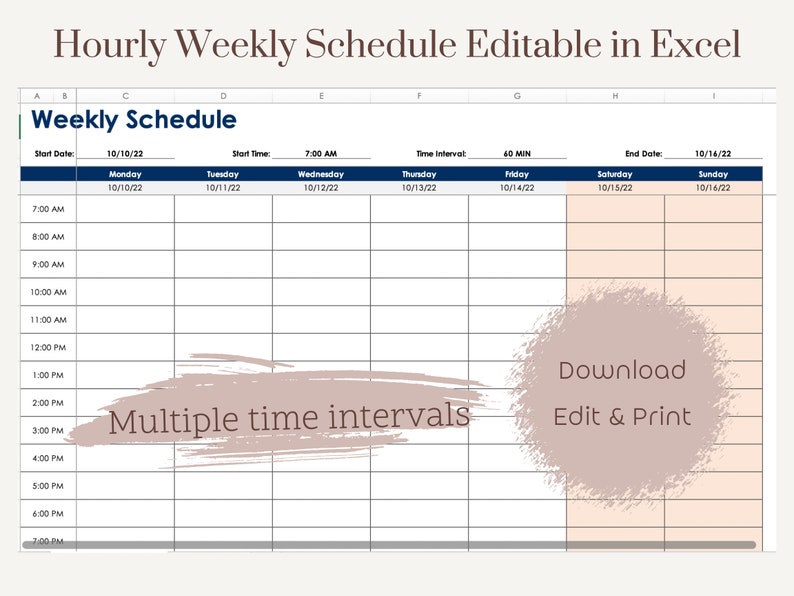 Hourly Weekly Schedule Excel Template, Weekly Planner, Daily Schedule ...