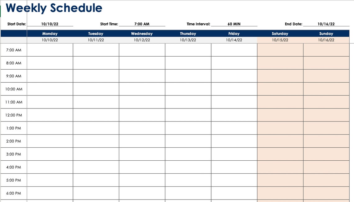 Hourly Weekly Schedule Excel Template, Weekly Planner, Daily Schedule ...