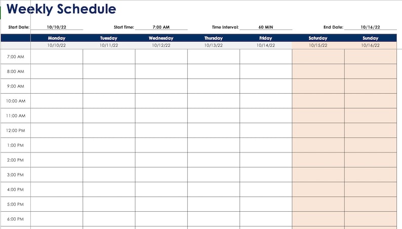 Plantilla de Excel para programación semanal por horas, planificador semanal, programación ...