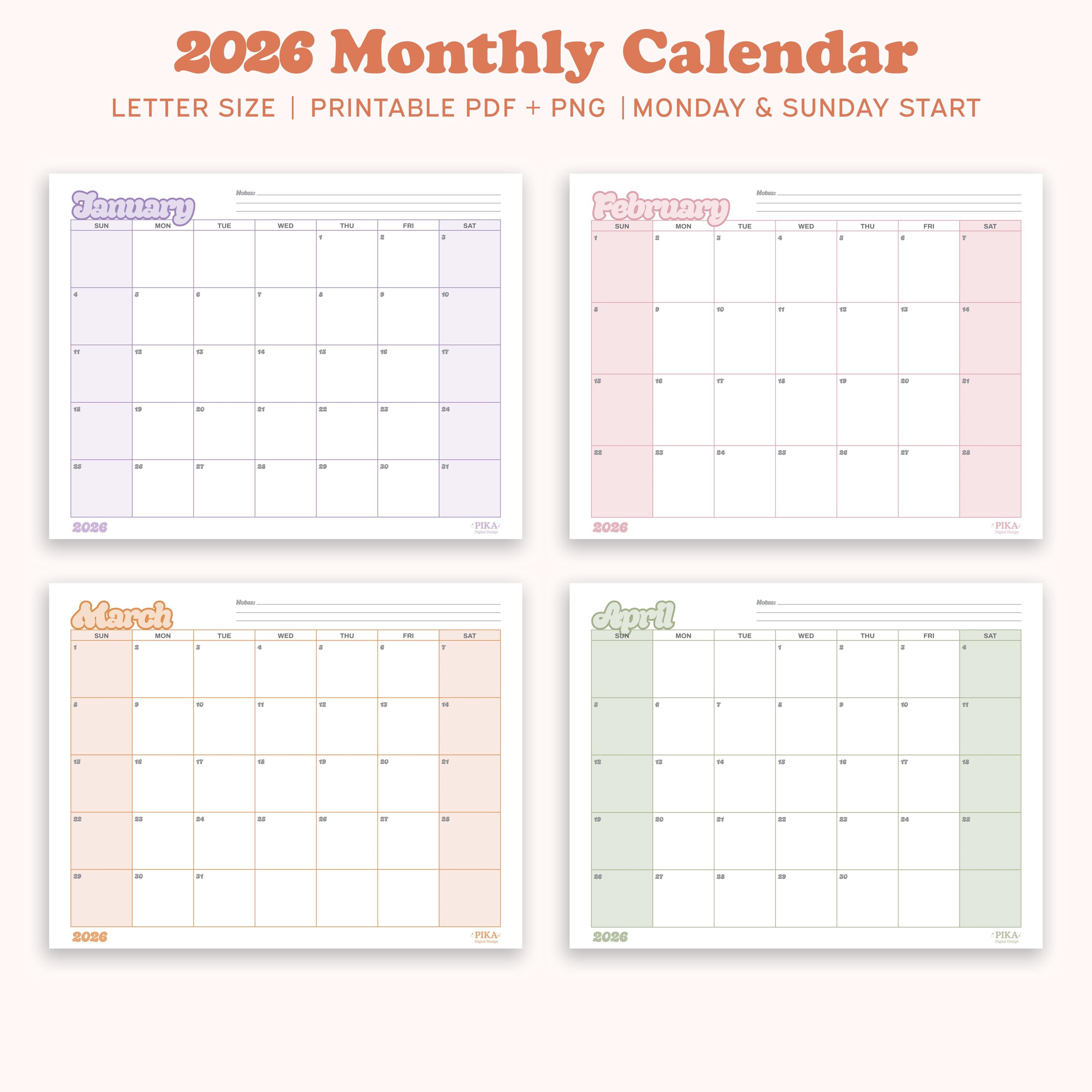 2026 Monthly Calendar, Monthly Planner, Sunday & Monday Start, Letter ...