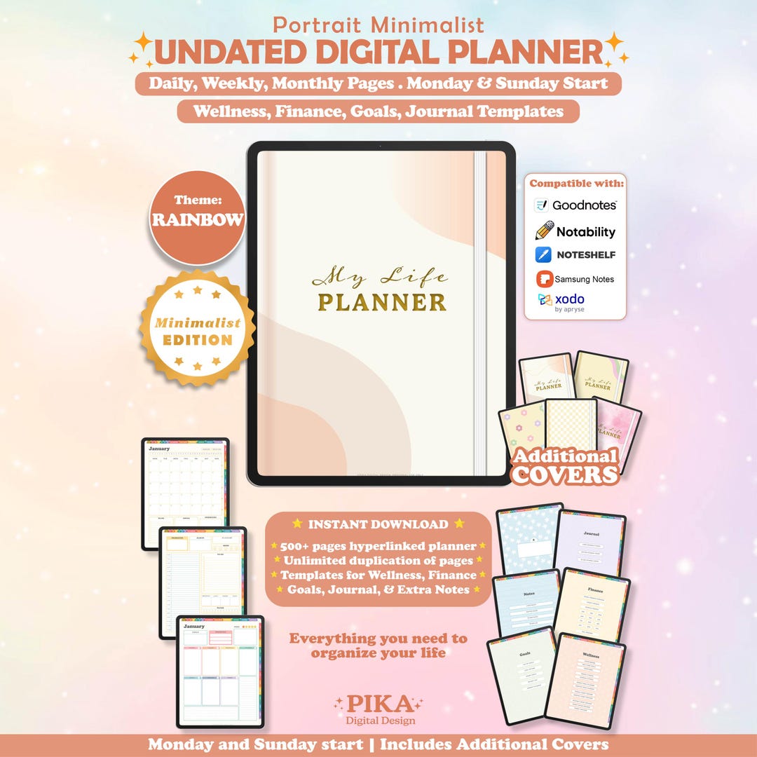 Digital Planner, Undated Portrait Minimalist, Goodnotes Notability iPad ...
