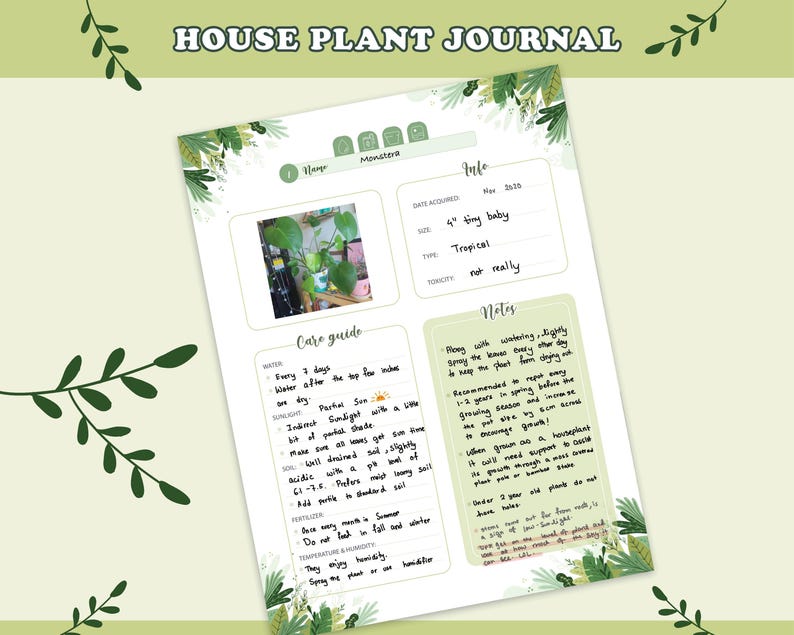 Houseplant Care Journal: Printable Plant Tracker (PDF/JPEG) - Etsy