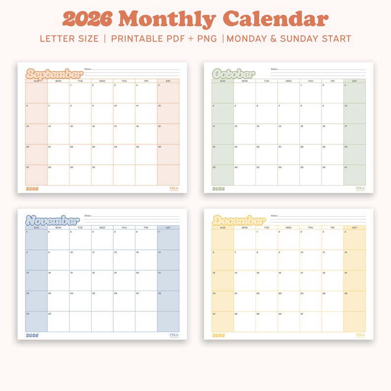 2026 Monthly Calendar, Monthly Planner, Sunday & Monday Start, Letter ...