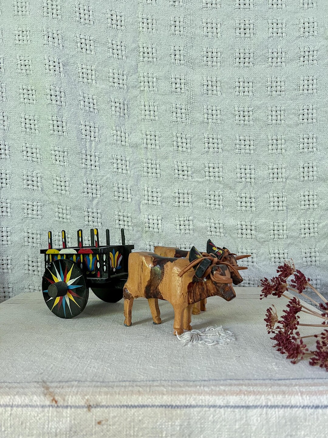 Vintage Wood Handmade Folk Art Bulls Pulling Wagon / Folk Art Decor ...