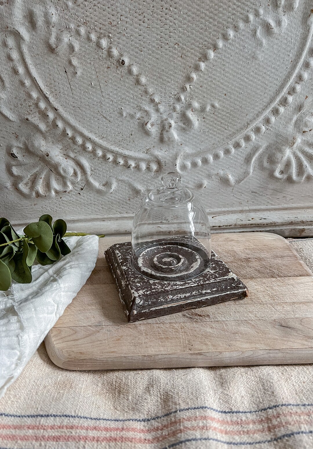 Vintage Small Glass Cloche With Architectural Salvage Wood Rosette Base ...
