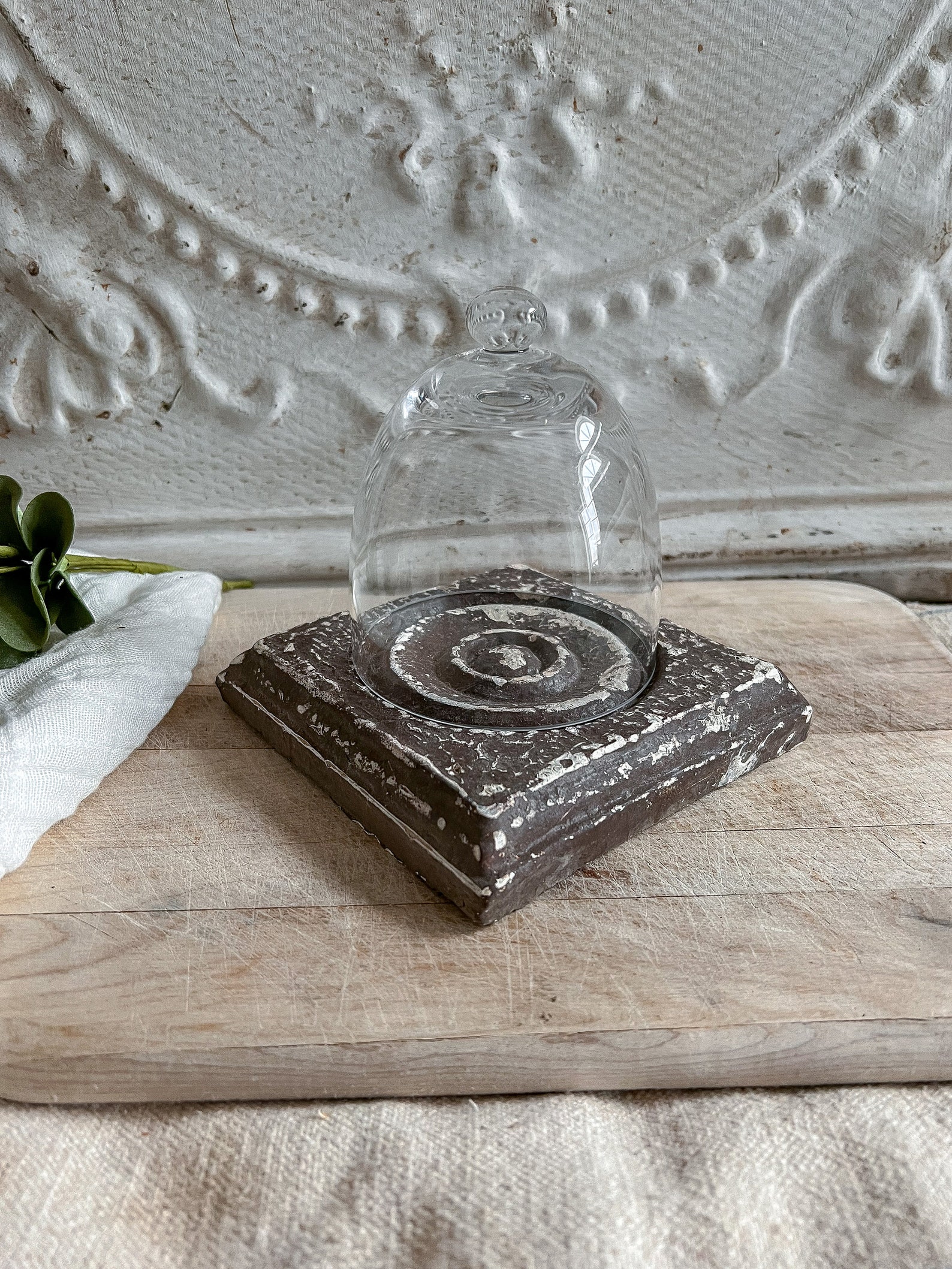 Vintage Small Glass Cloche With Architectural Salvage Wood Rosette Base ...