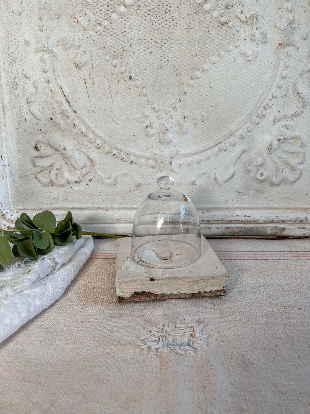 Vintage Small Glass Cloche With Architectural Salvage Wood Rosette Base ...