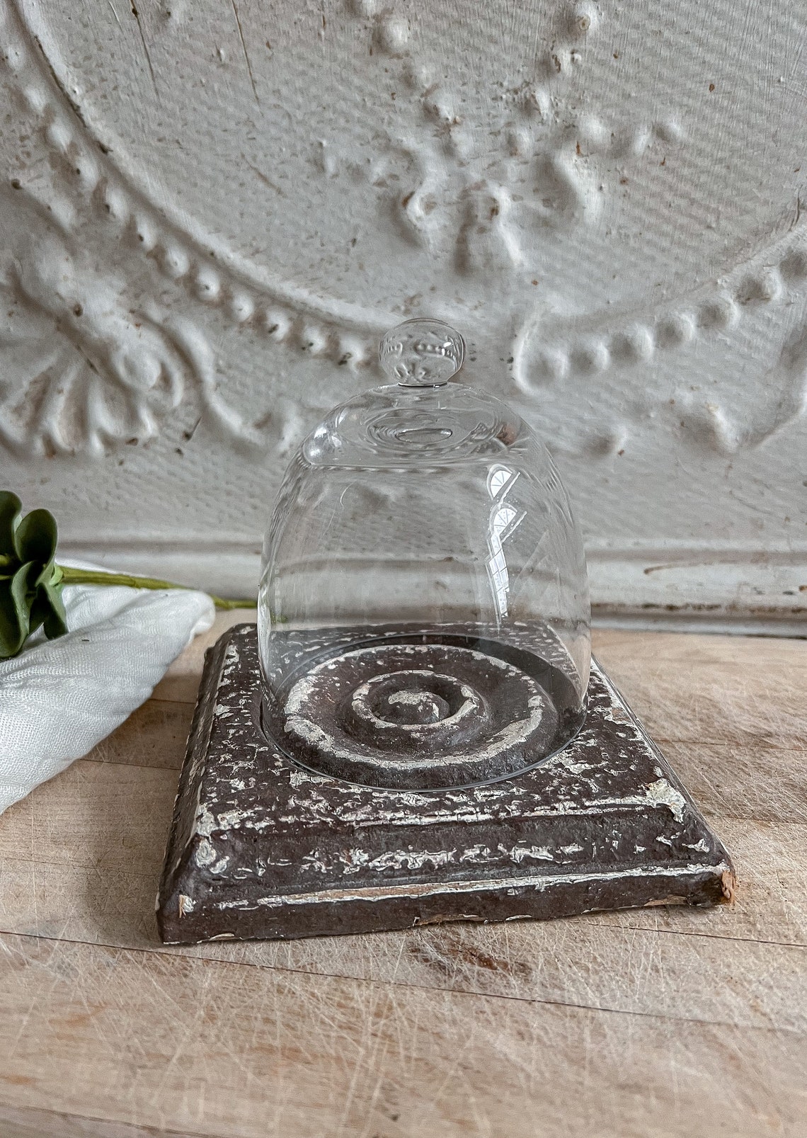 Vintage Small Glass Cloche With Architectural Salvage Wood Rosette Base ...