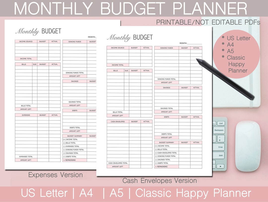 Monthly Budget Planner, Printable, Monthly Bills Tracker, US Letter, A4 ...
