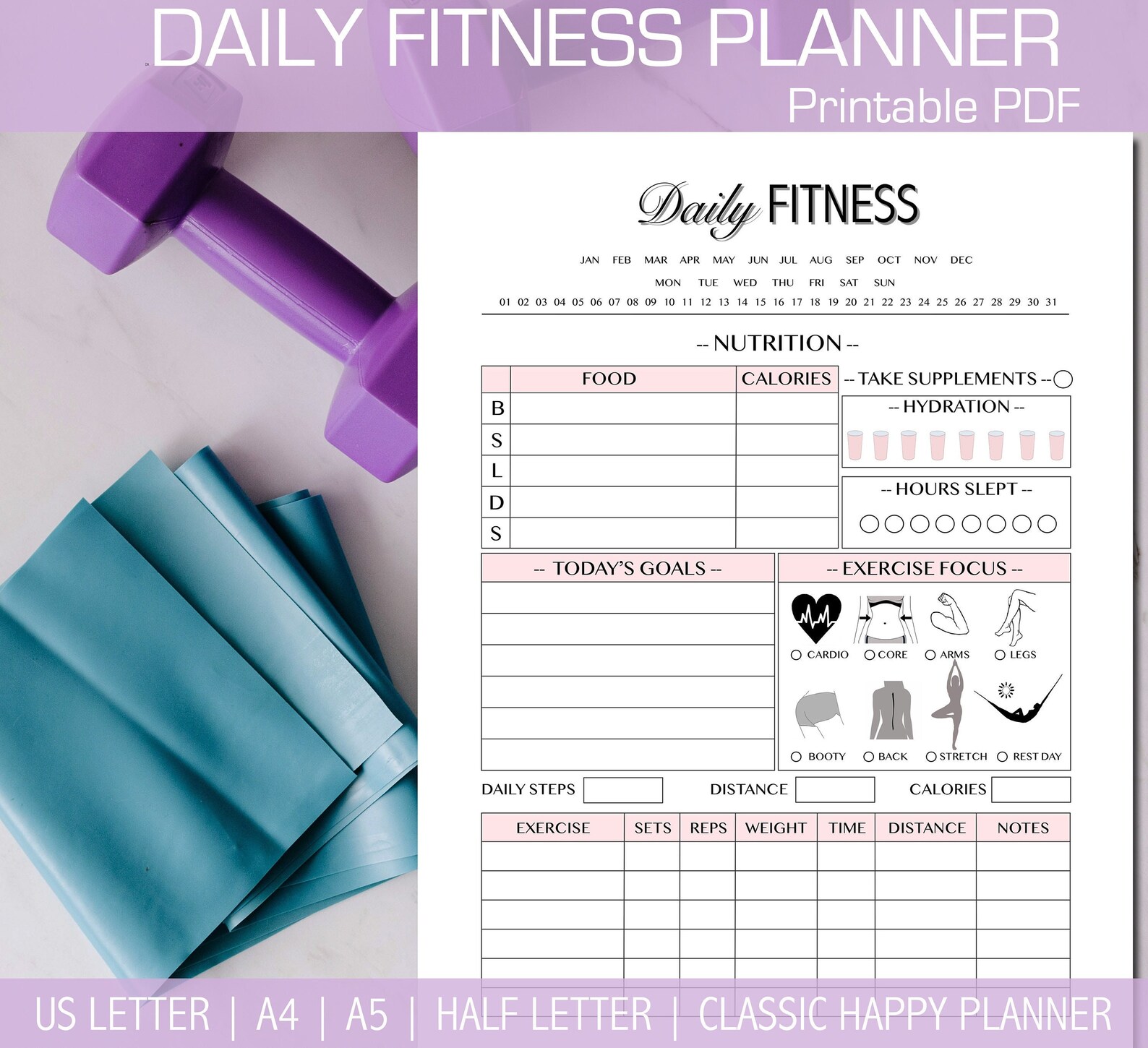 Fitness Tracker Daily Exercise Log Printable Planner - Etsy