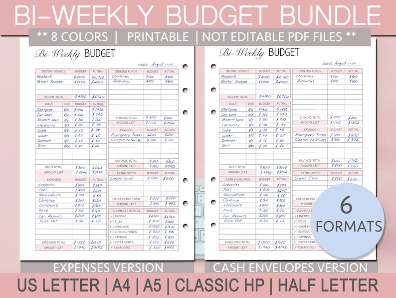 Bi-weekly Budget, 6 Formats, Printable PDF, US Letter, A4, A5, Classic ...