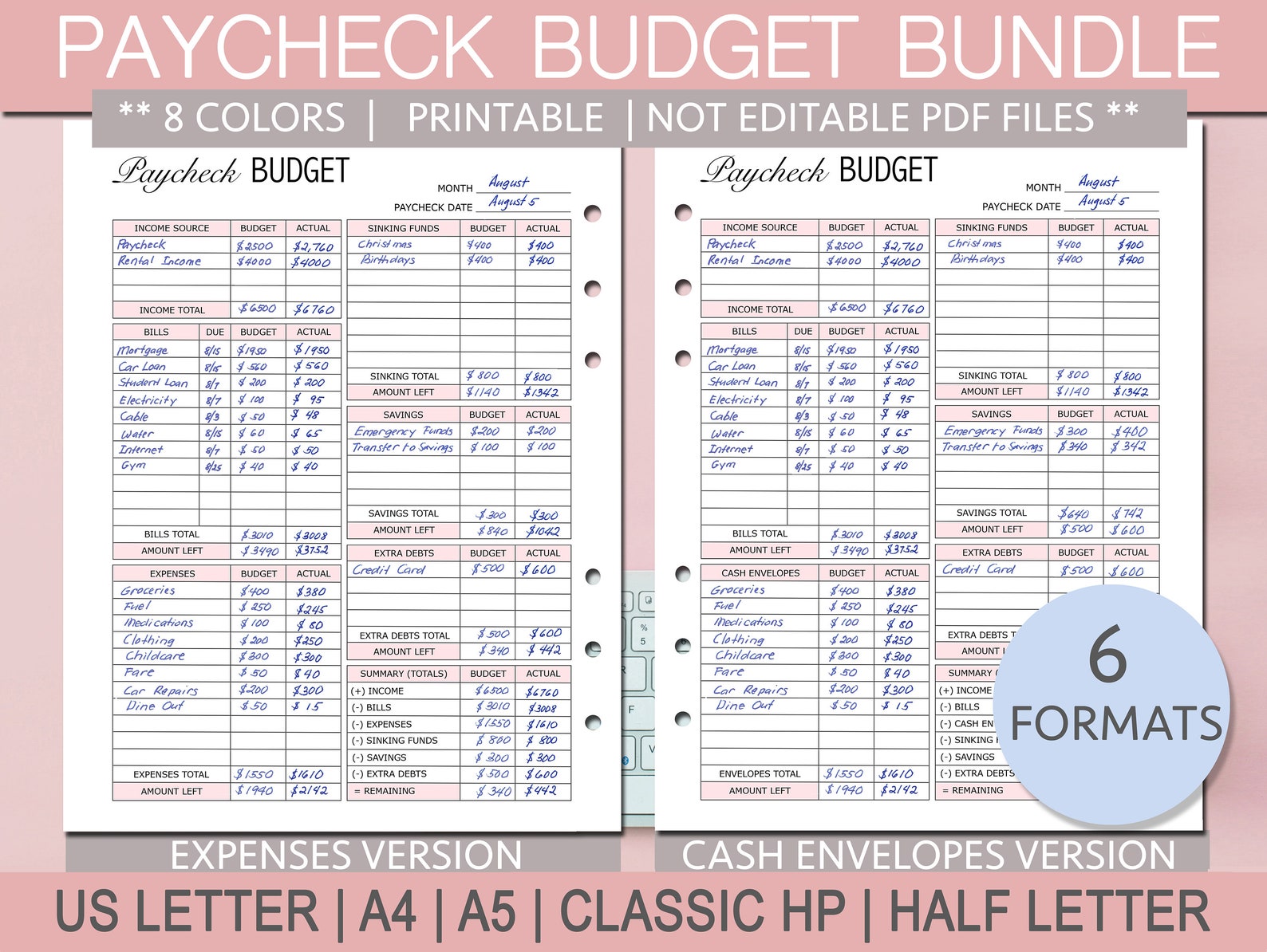 Paycheck Budget, Budget Bundle, 6 Formats, Printable PDF, Personal ...