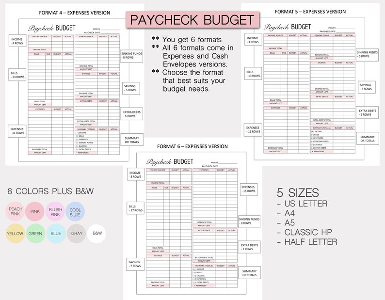 Paycheck Budget, Budget Bundle, 6 Formats, Printable PDF, Personal ...