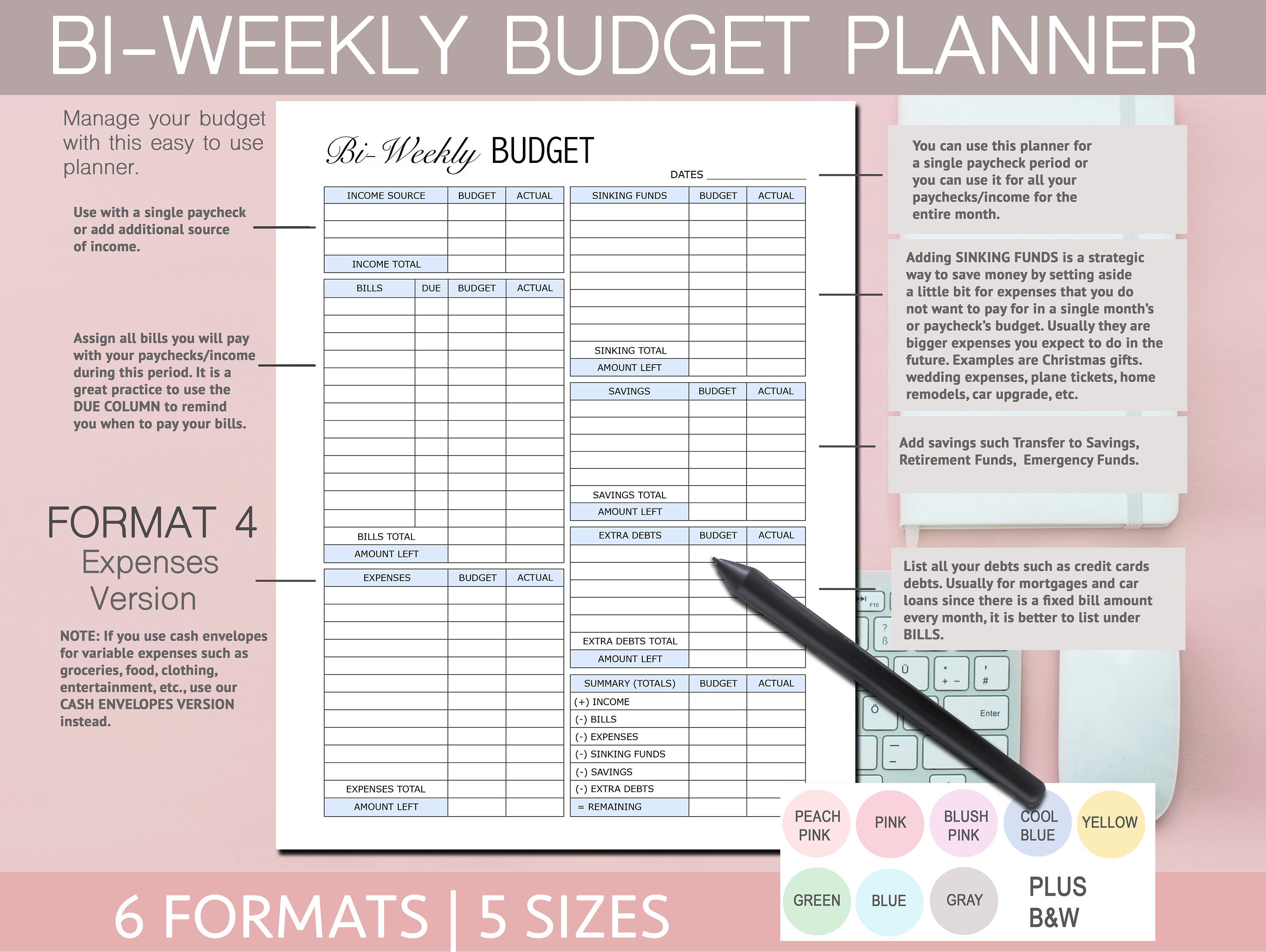Bi-weekly Budget, 6 Formats, Printable PDF, US Letter, A4, A5, Classic ...