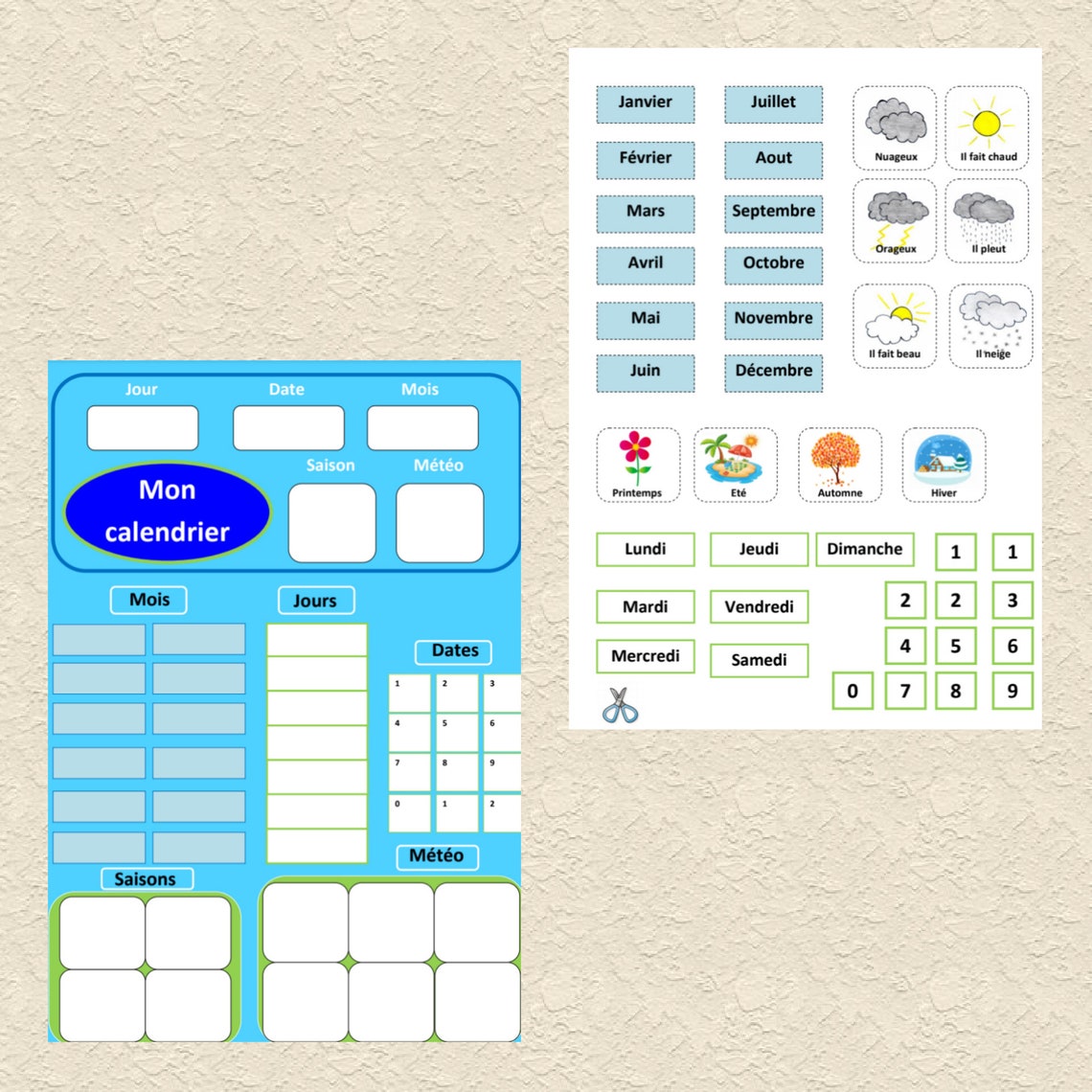 Calendrier jours dates mois saison météo pour enfant digital | Etsy