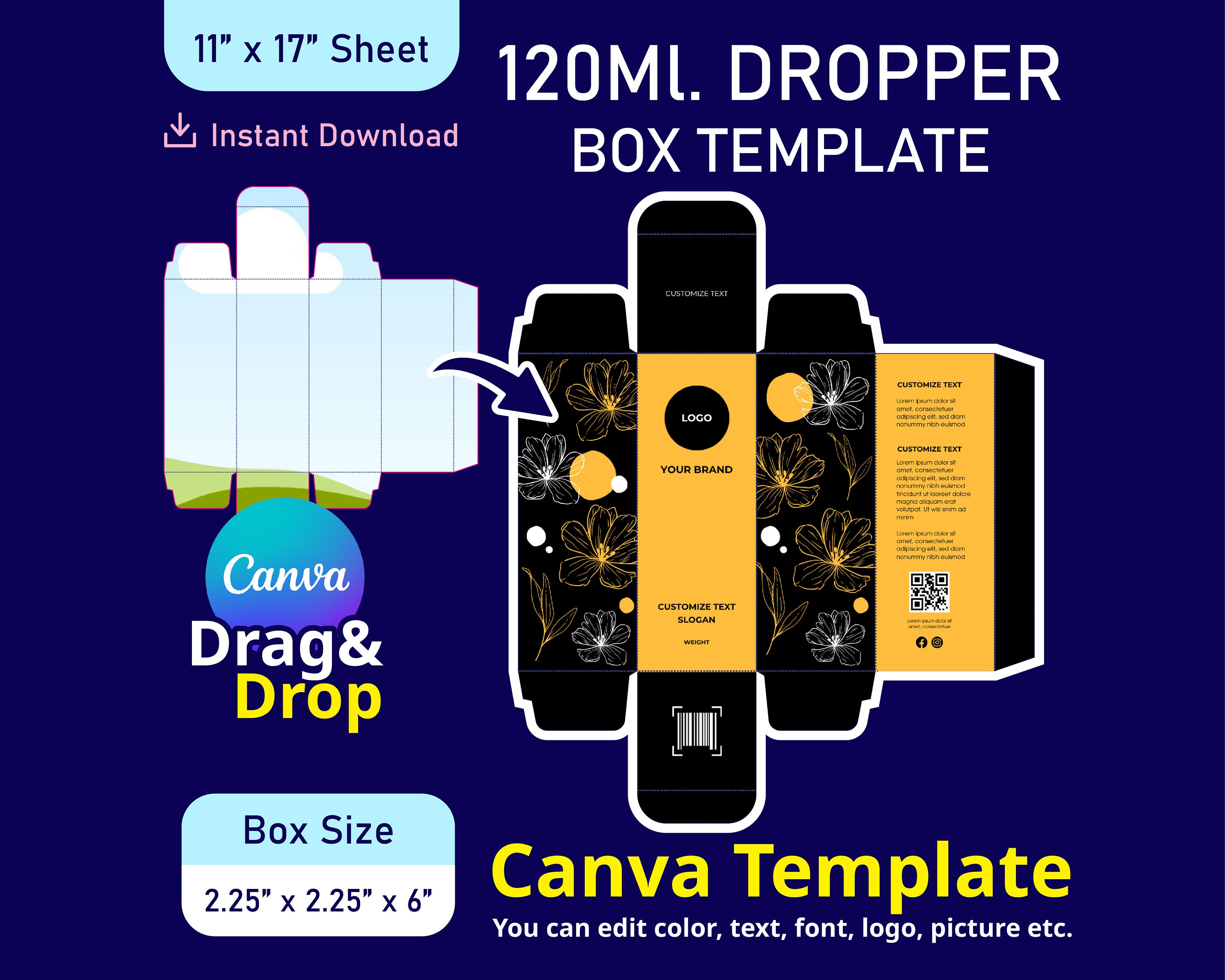 Dropper Bottle Box Template, Canva Box Template, Box Template, Cosmetic ...