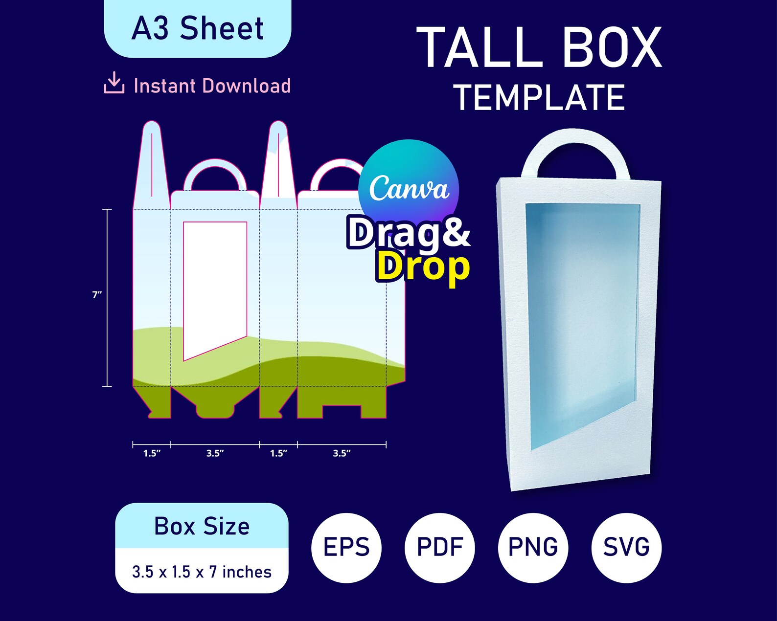 Tall Box Template, Box With Handle Box Template, Box Packaging, Classic ...