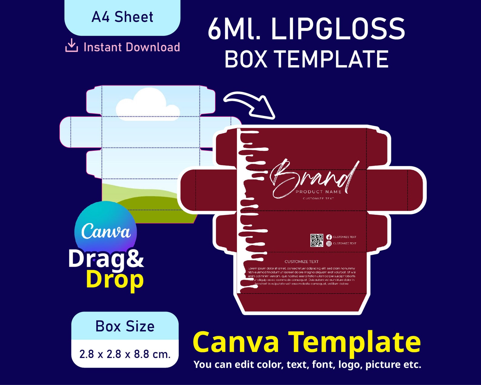 6ml Lipgloss Box Template, Canva Box Template, Box Template, Lipstick Box Packaging, Lipstick ...
