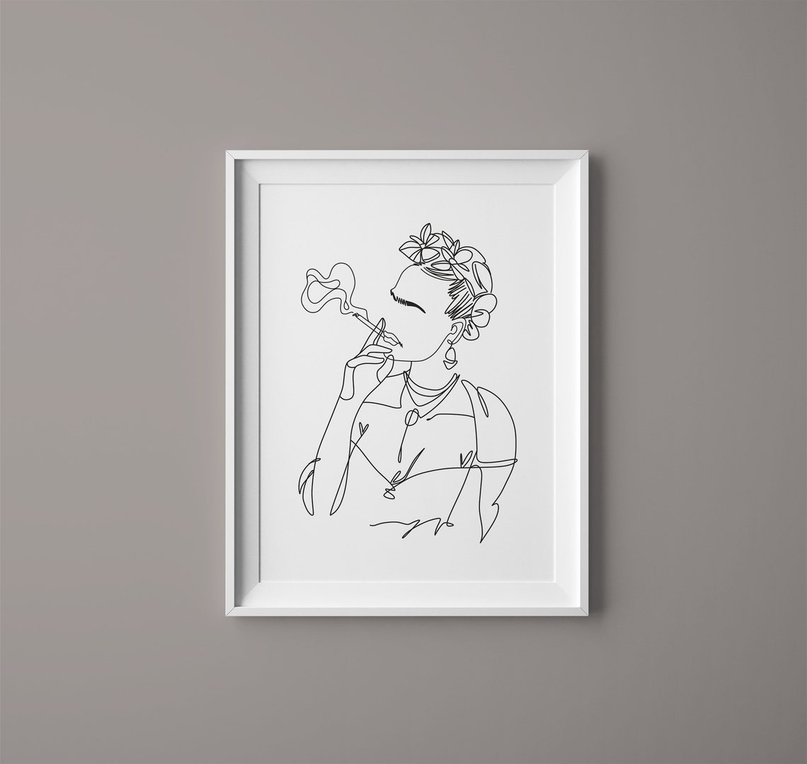 Smoking Frida Kahlo Printable Portrait, Hand-drawn Single Line Art ...