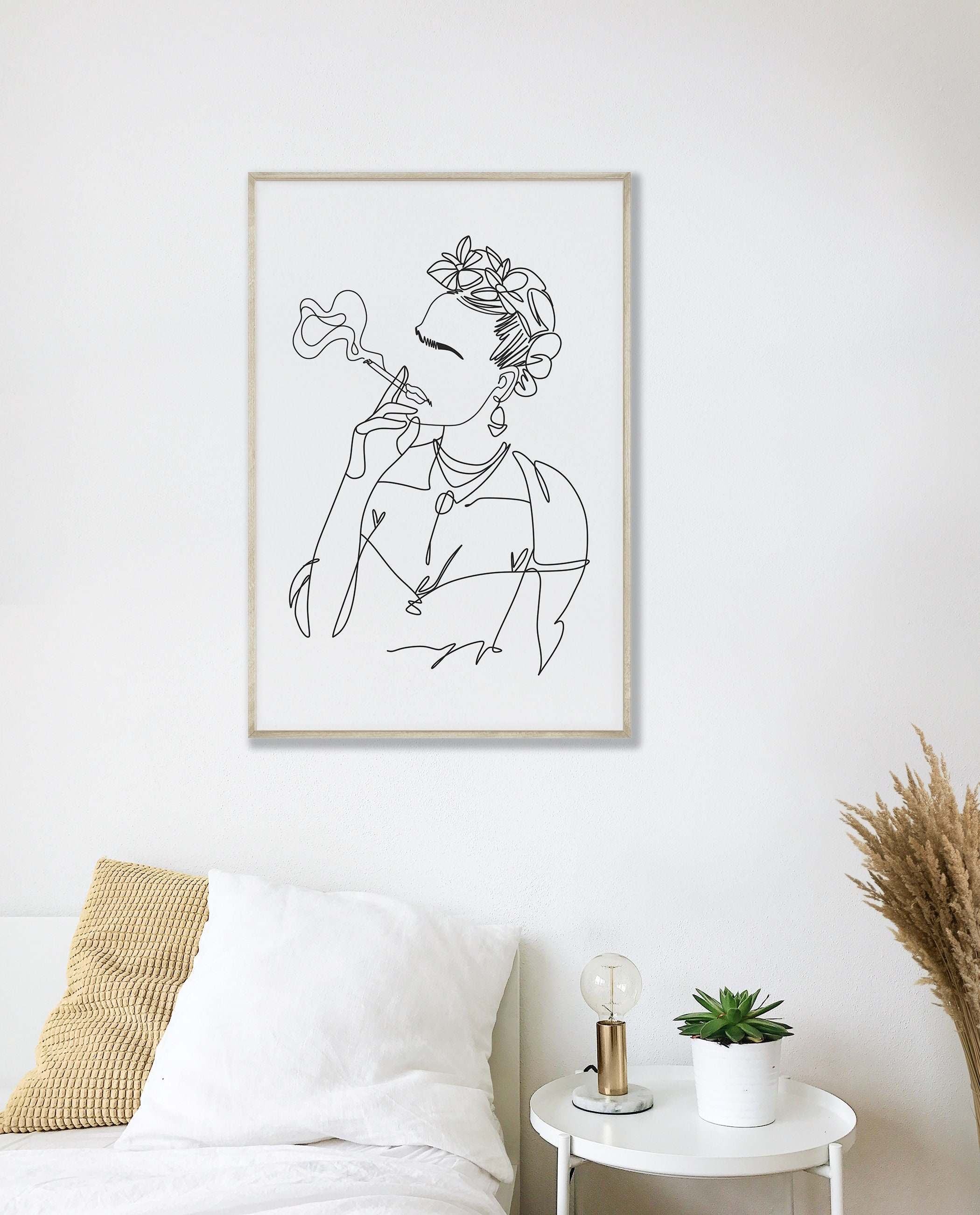 Smoking Frida Kahlo Printable Portrait, Hand-drawn Single Line Art ...