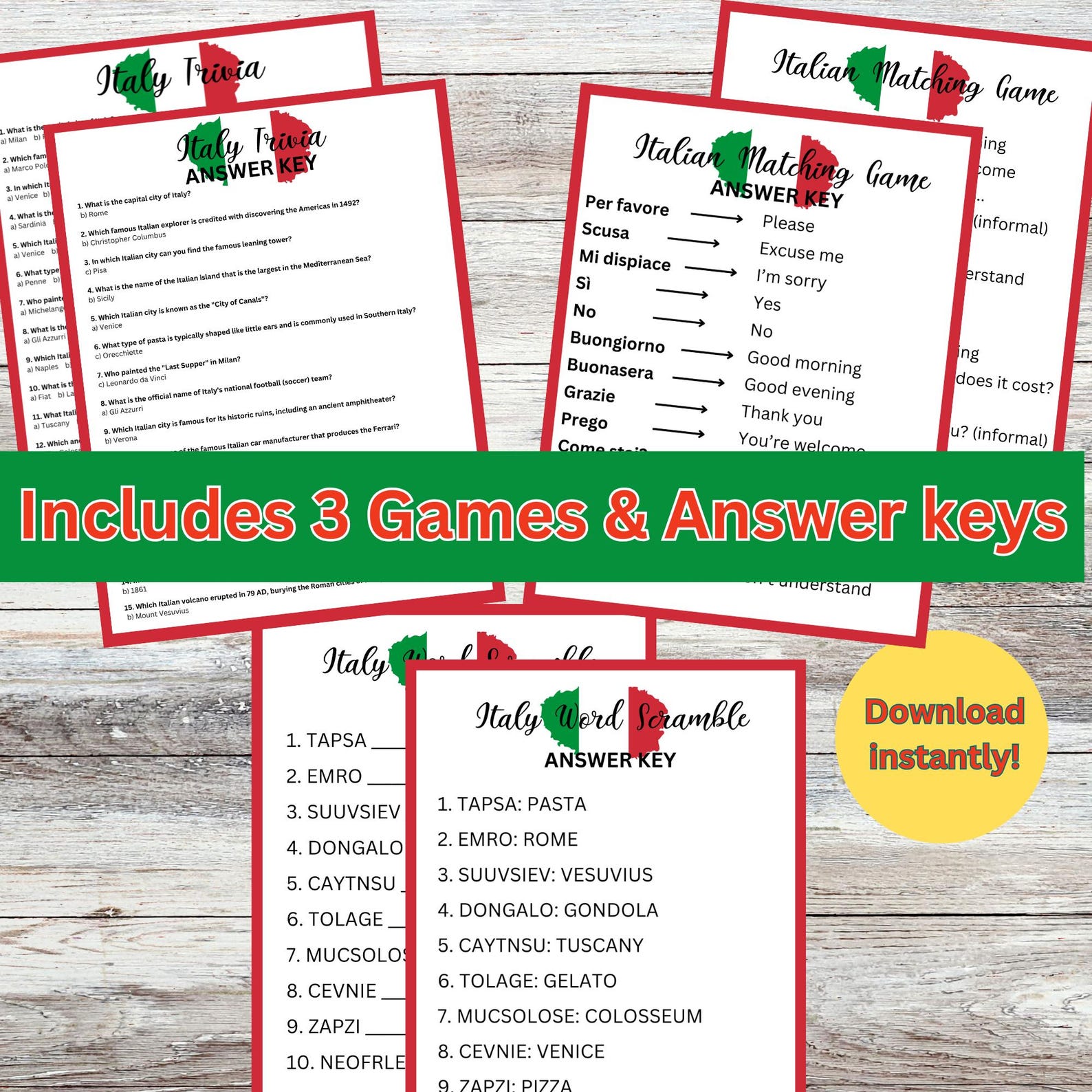 Italy Games Bundle | 3 Fun Italian Language Games (trivia, Matching ...