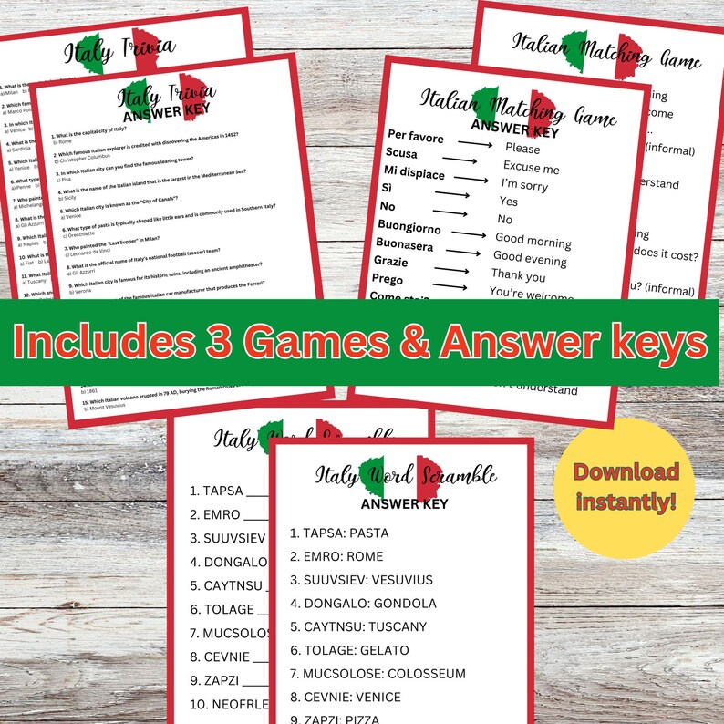 Italy Games Bundle | 3 Fun Italian Language Games (trivia, Matching ...