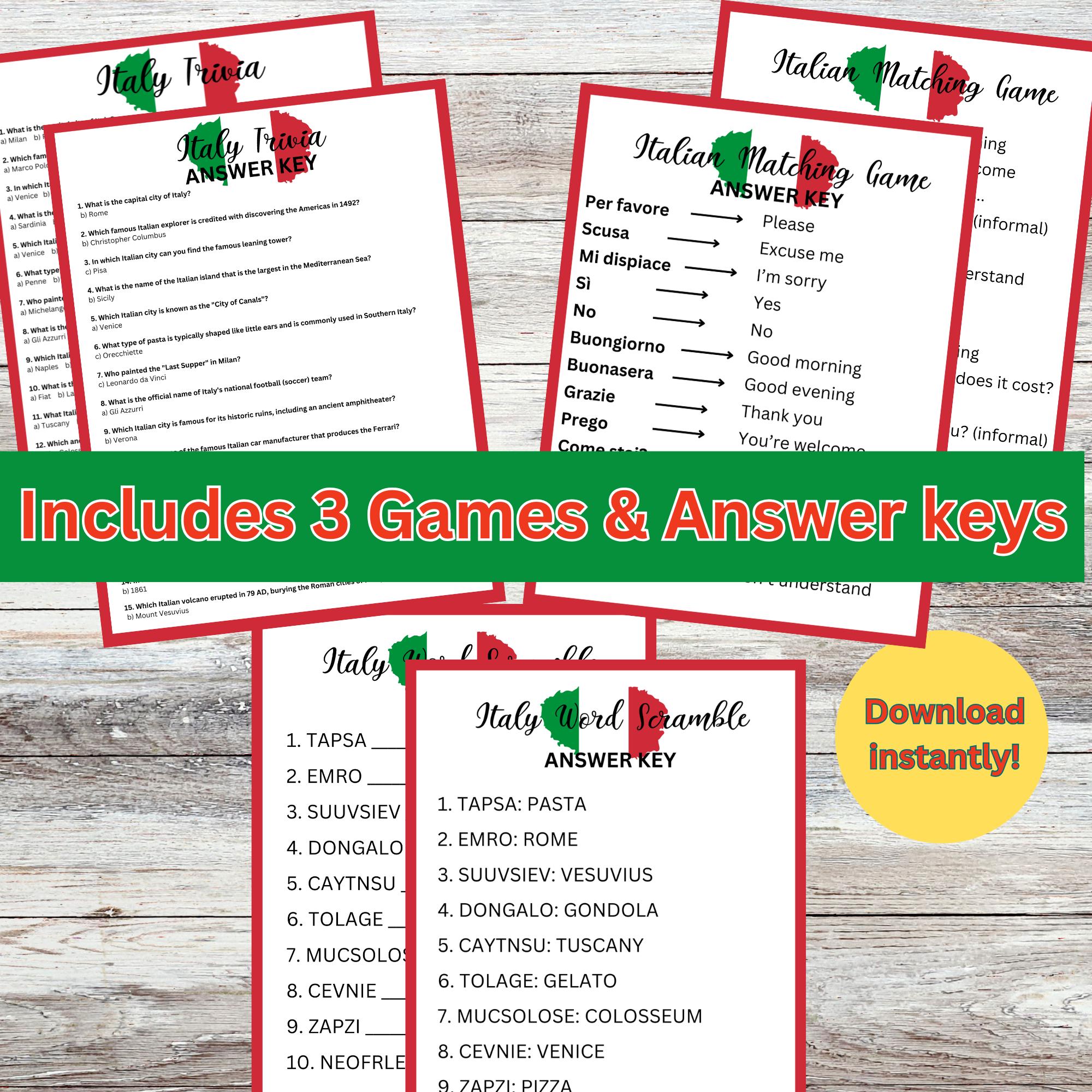 Italy Games Bundle | 3 Fun Italian Language Games (trivia, Matching ...
