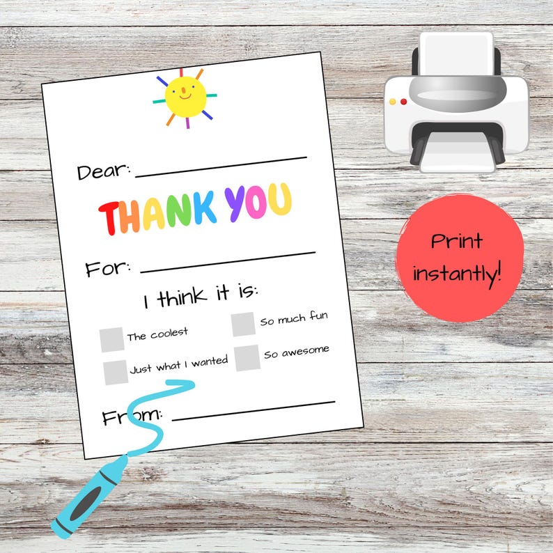 Printable Fill-in-the-blank Thank You Cards for Kids - Birthday Party ...