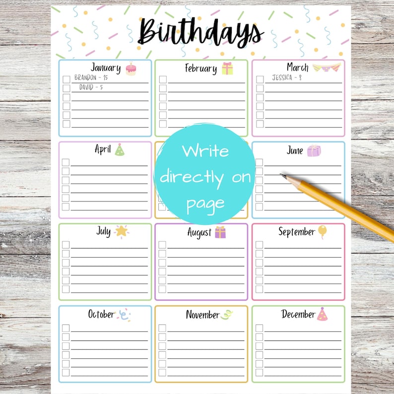 Birthday Tracker Printable; Pastel Birthday Tracker by Month, Birthday ...