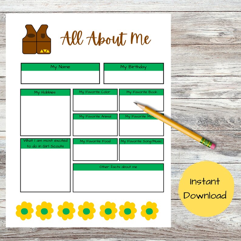 Brownie Junior Girl Scout All About Me; New Troop Member All About Me ...