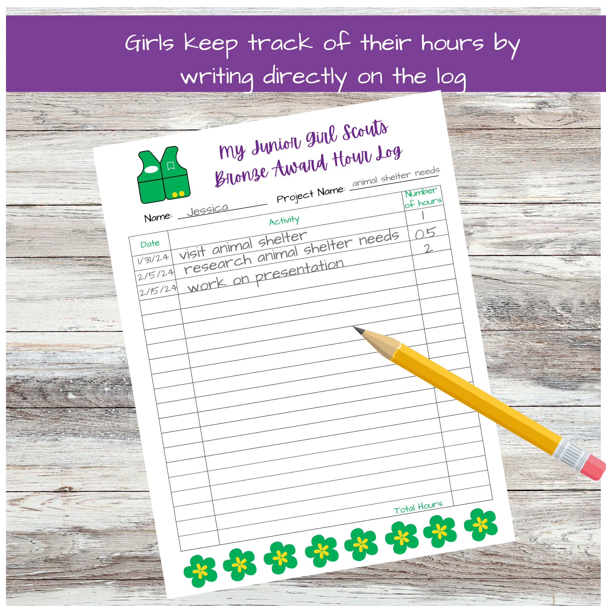 Printable Bronze Award Hour Log, Junior Girl Scout Bronze Award Time ...