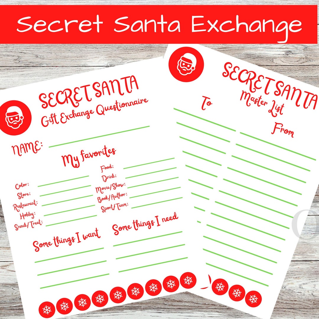 Secret Santa Gift Exchange Questionnaire, Secret Santa List, Christmas ...