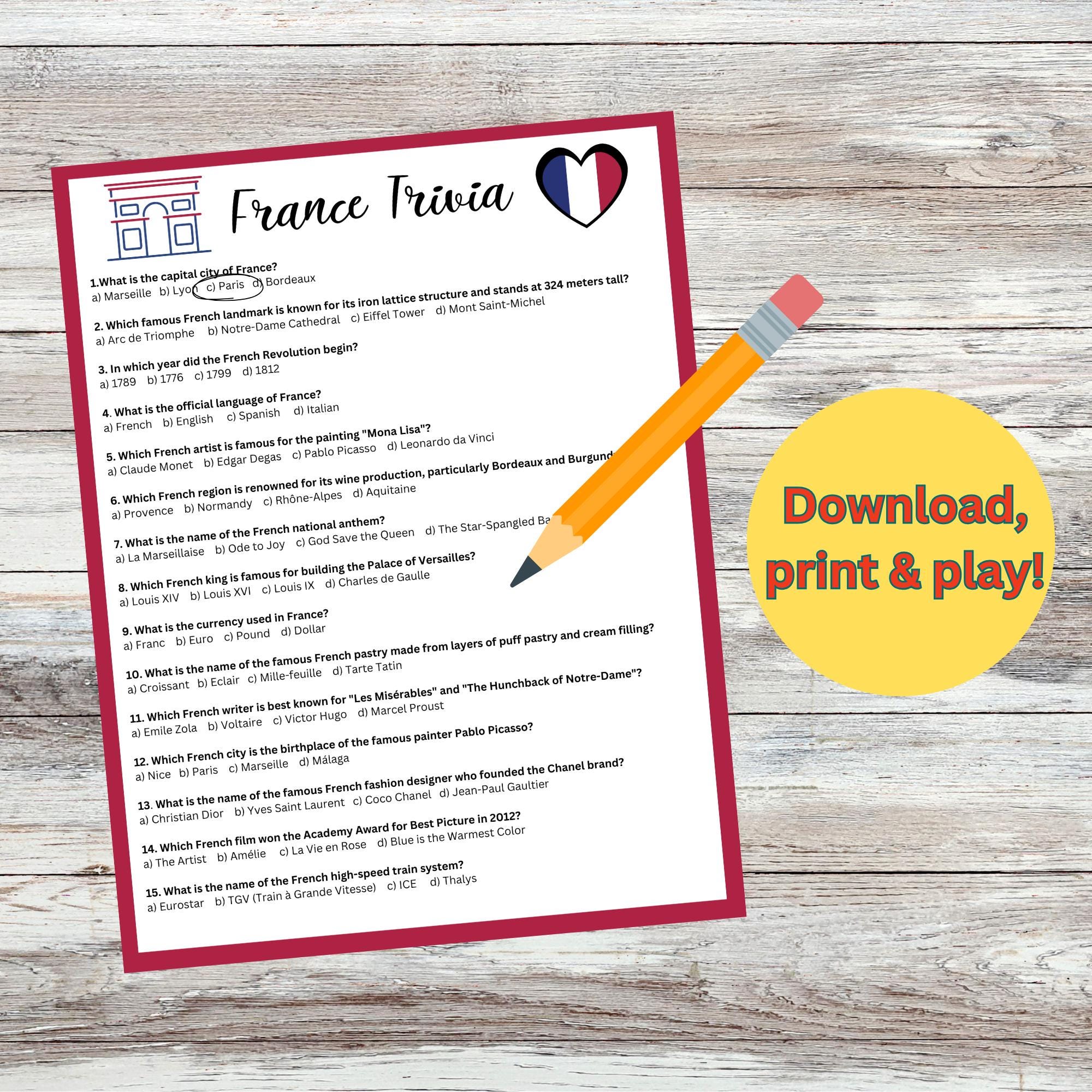 France Trivia Game, French Quiz, France Travel Game, French Trivia Quiz ...