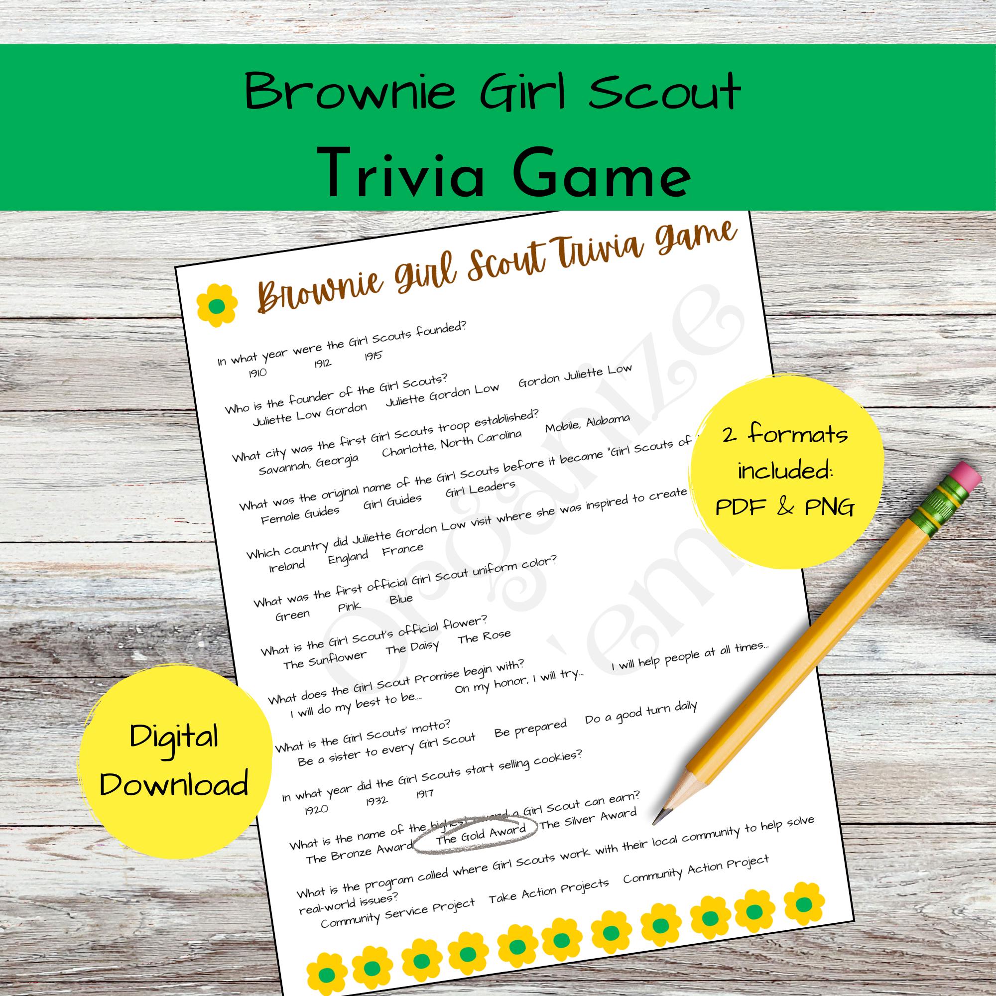 Printable Brownie Girl Scout Trivia Game, Girl Scouts Leader Game, Brownie Game, Organization ...