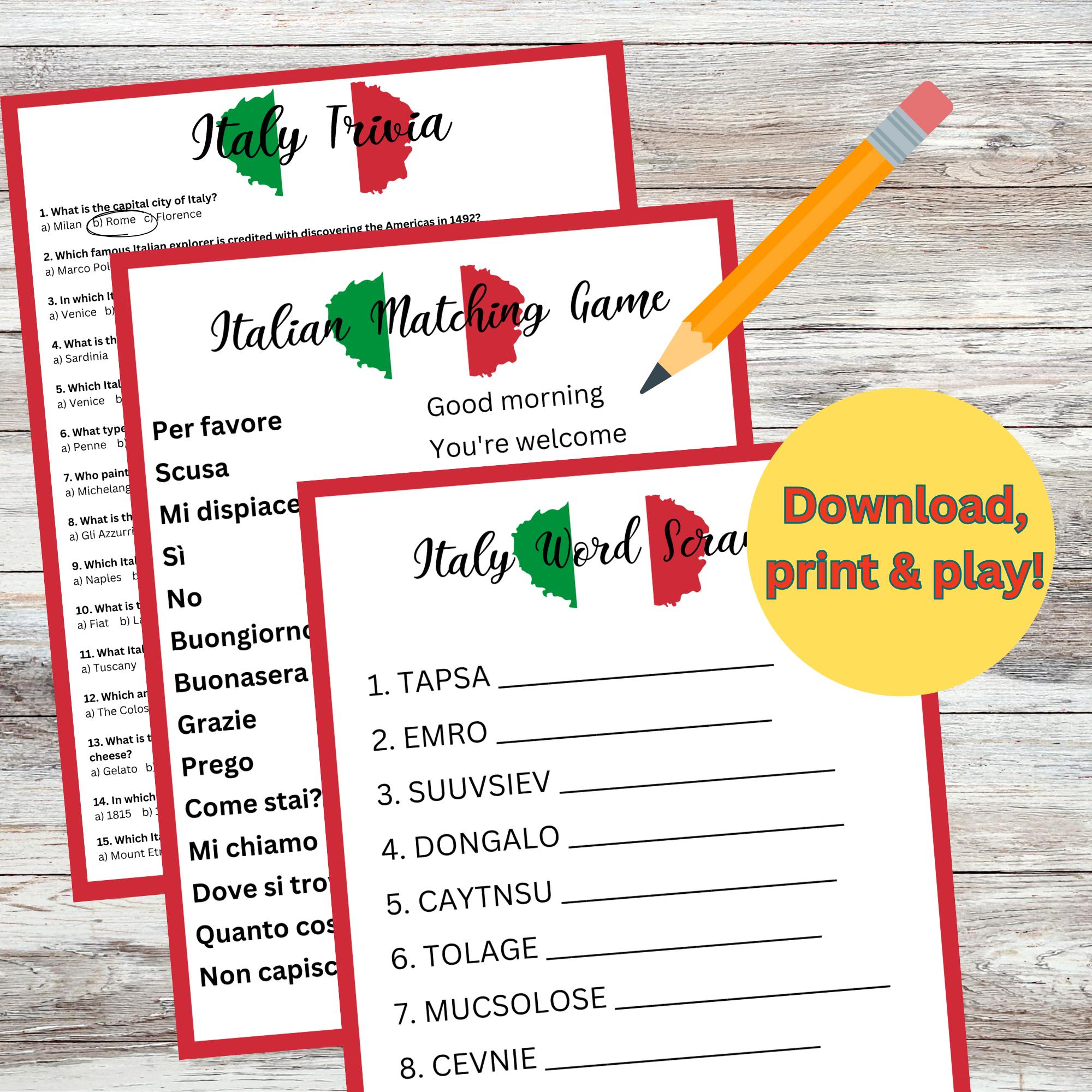 Italy Games Bundle | 3 Fun Italian Language Games (trivia, Matching ...
