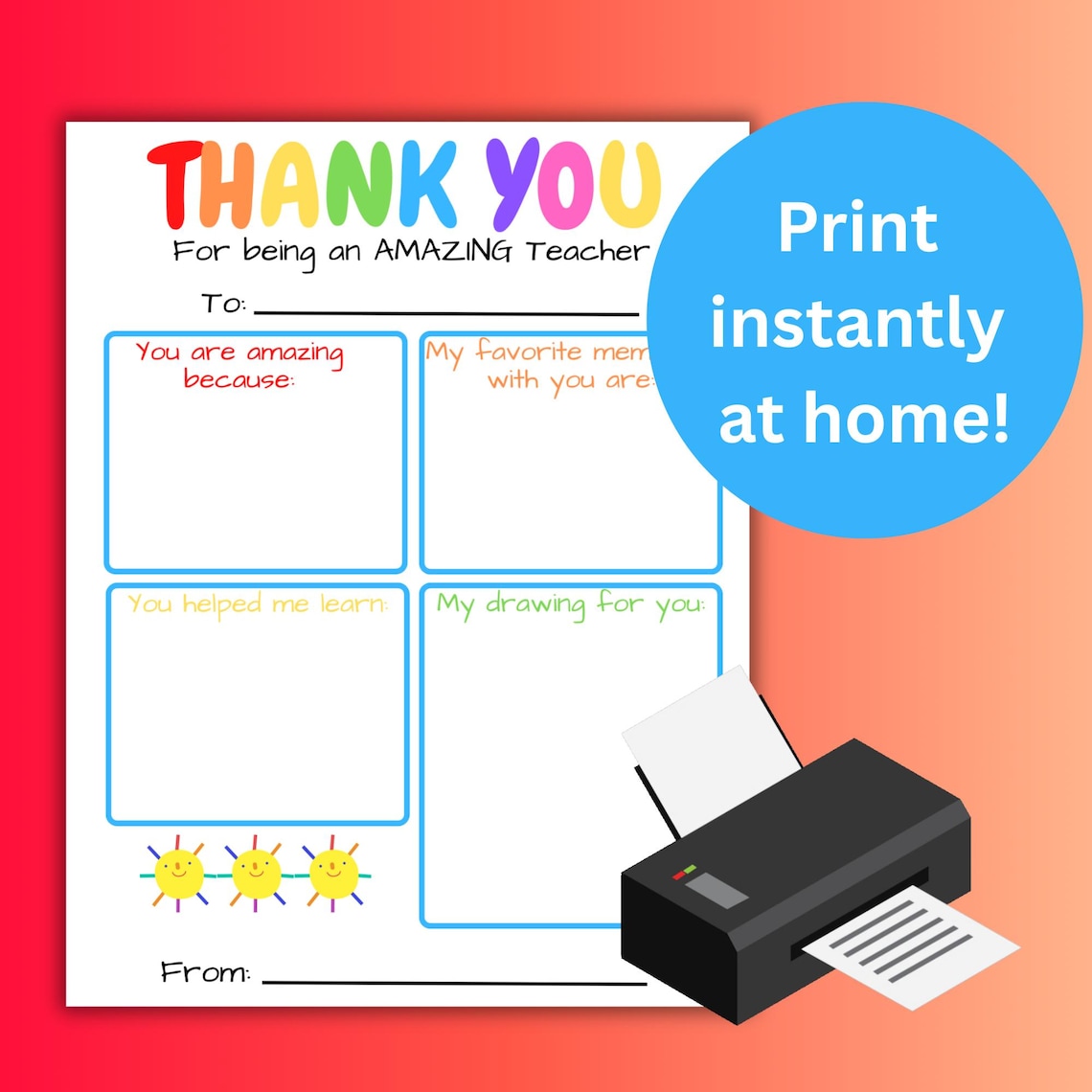 Teacher Appreciation Gift; Printable Fill in the Blank Kids Thank You ...