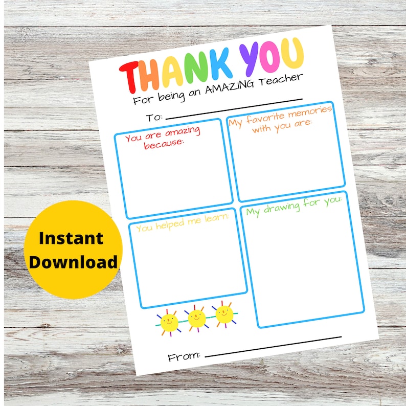 Teacher Appreciation Gift; Printable Fill in the Blank Kids Thank You ...
