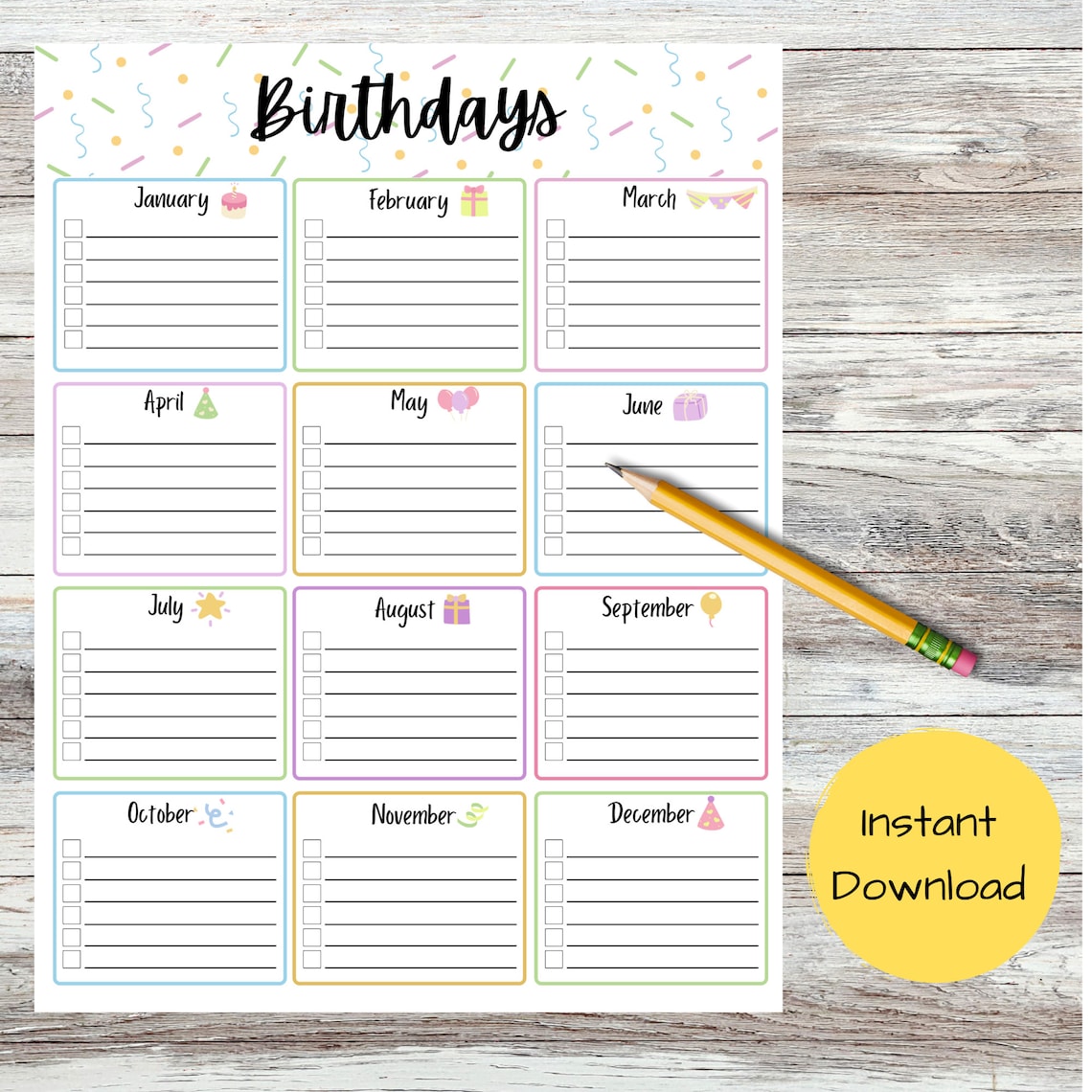 Birthday Tracker Printable; Pastel Birthday Tracker by Month, Birthday ...