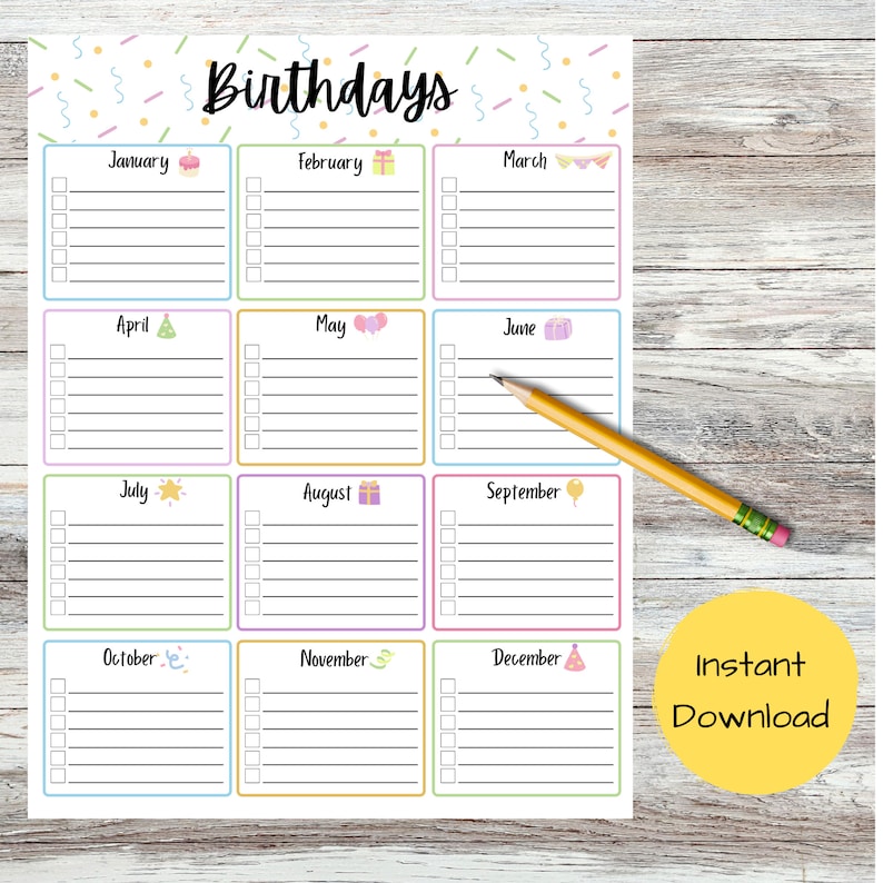 Birthday Tracker Printable; Pastel Birthday Tracker by Month, Birthday ...