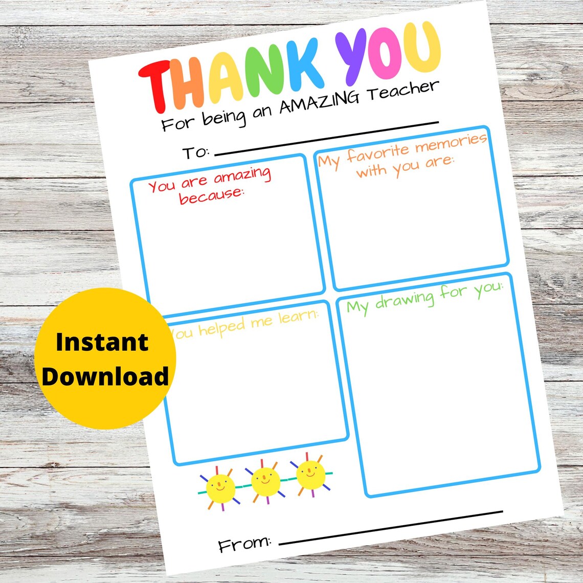 Teacher Appreciation Gift; Printable Fill in the Blank Kids Thank You ...