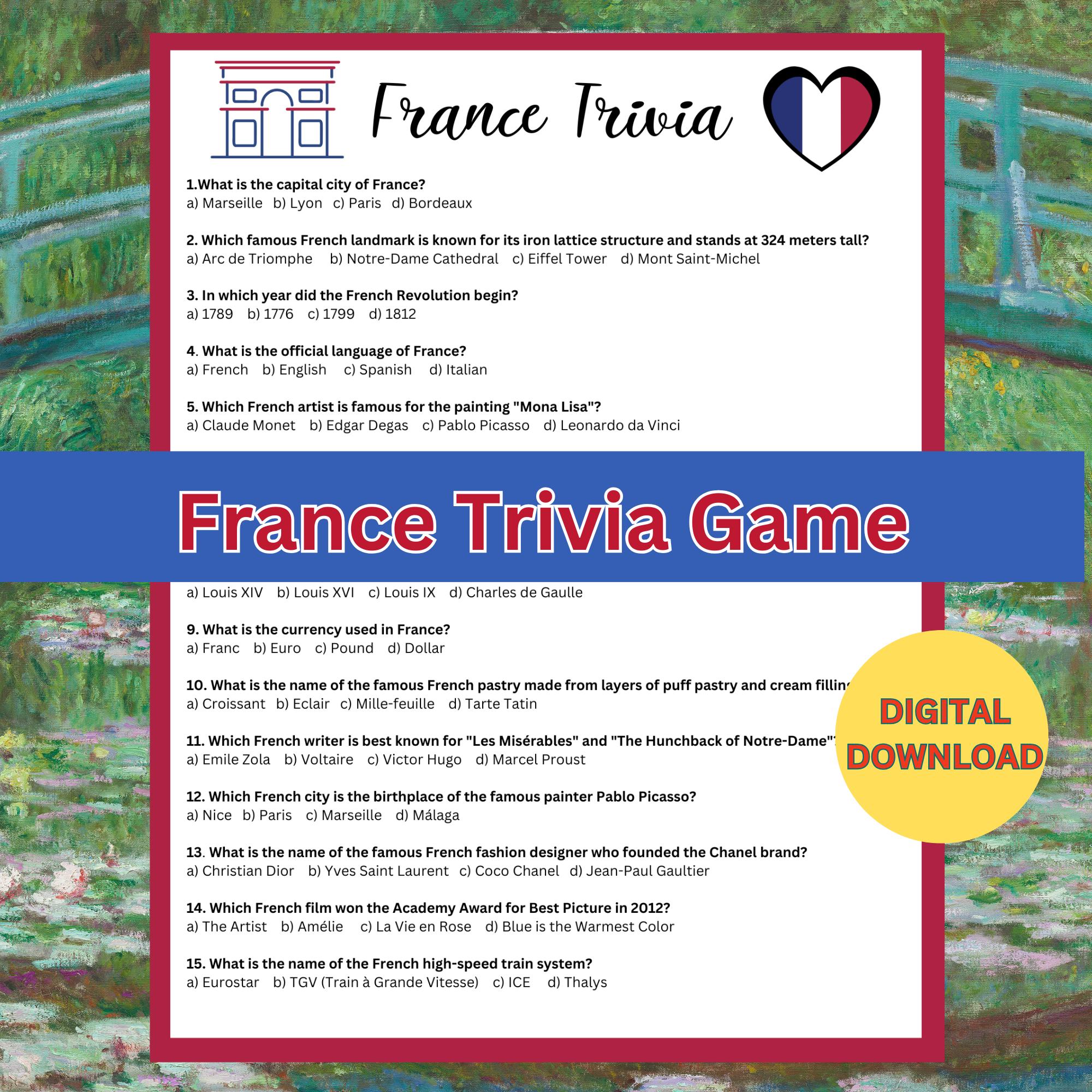France Trivia Game, French Quiz, France Travel Game, French Trivia Quiz ...